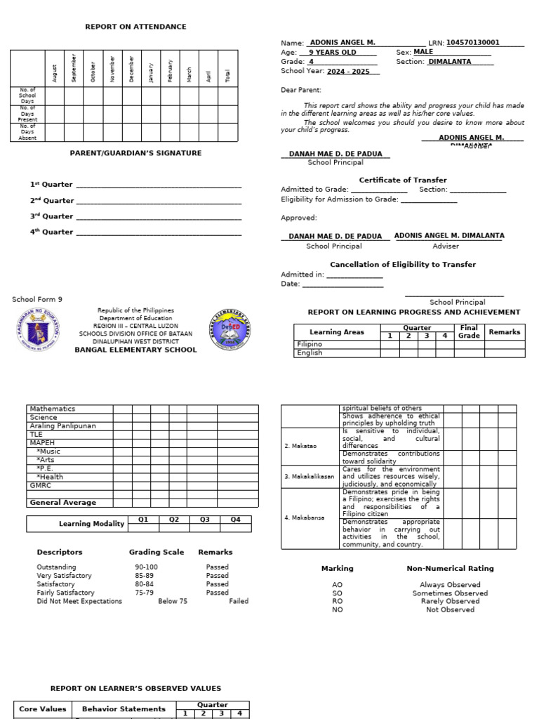 DepEd SF 9 (GRADE 4) | PDF