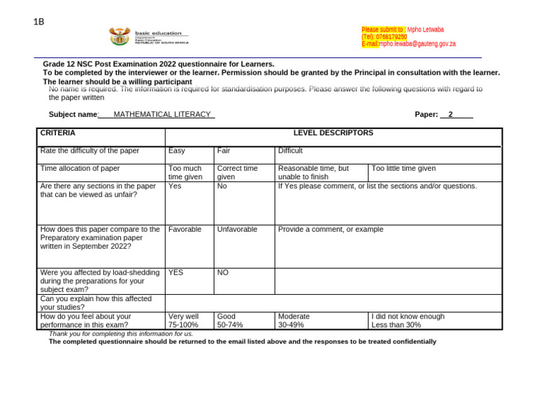 FET Learner Survey Post NSC Exam Questionnaire Nov 2022 | PDF