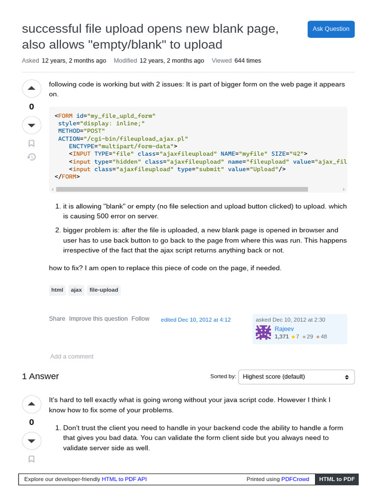 Stackoverflow Com Questions 13794204 Successful File Upload | PDF | Ajax (Programming) | Html