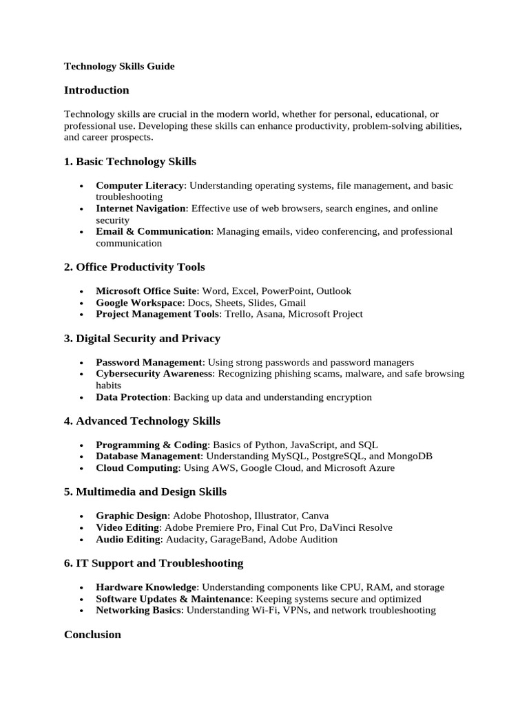 Essential Technology Skills Overview | PDF