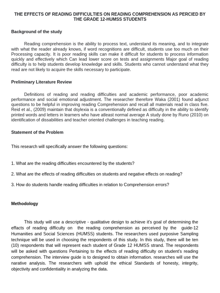 The Effects of Reading Difficulties On Reading Comprehension As Percied ...