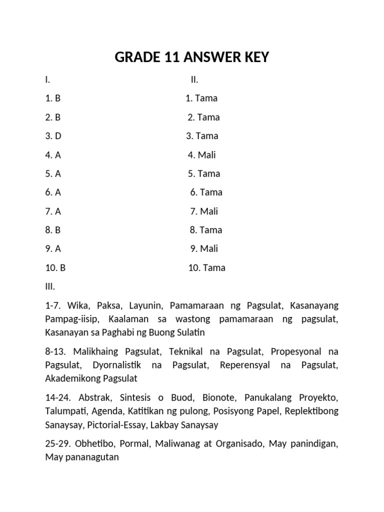 GRADE 11 ANSWER KEY 3rd Periodical Exam (1) | PDF
