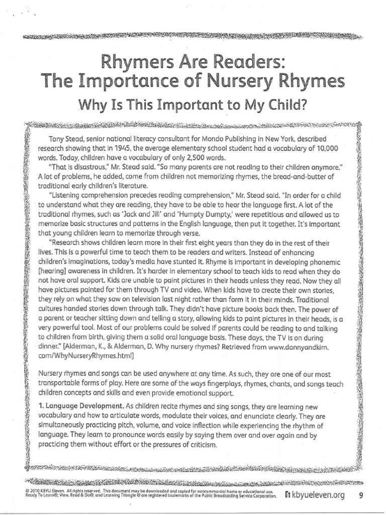 Rhymers Are Readers The Importance of Nursery Rhymes | PDF