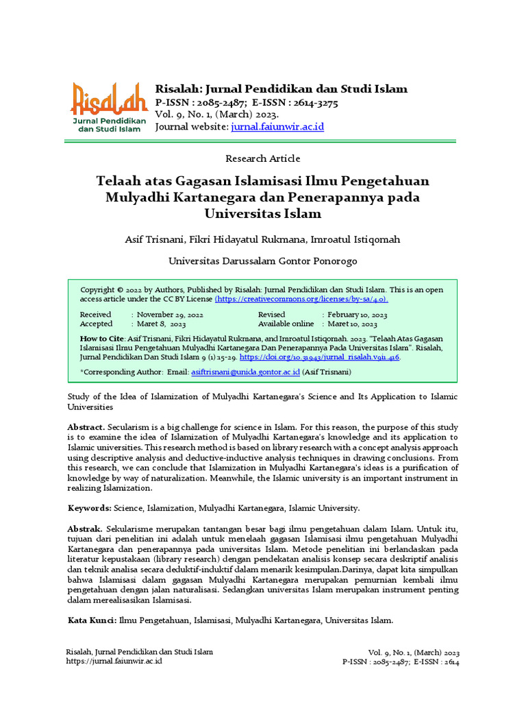 Telaah Atas Gagasan Islamisasi Ilmu Pengetahuan Mulyadhi Kartanegara Dan Penerapannya Pada ...