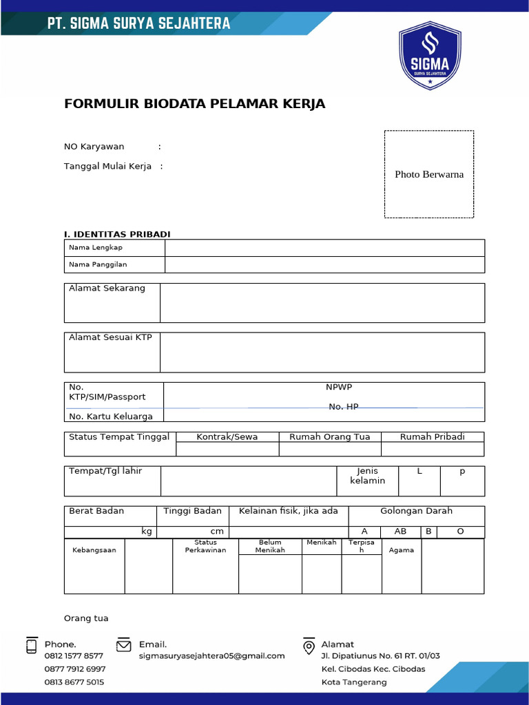 Formulir Biodata Pt Sigma | PDF