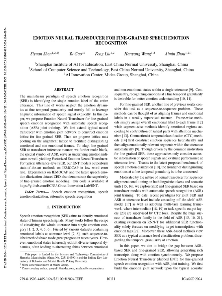Emotion Neural Transducer For Fine-Grained Speech Emotion Recognition | PDF | Speech Recognition ...