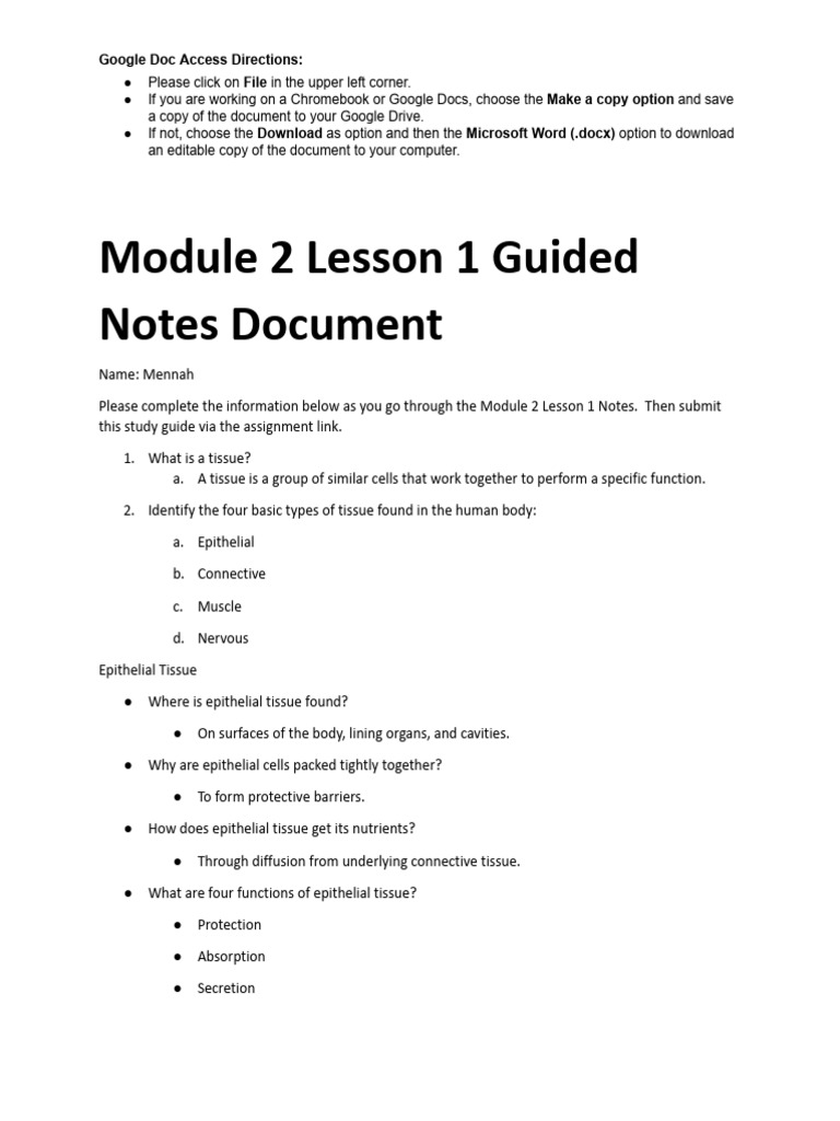 Module Two Lesson One Guided Notes | PDF | Epithelium | Tissue (Biology)