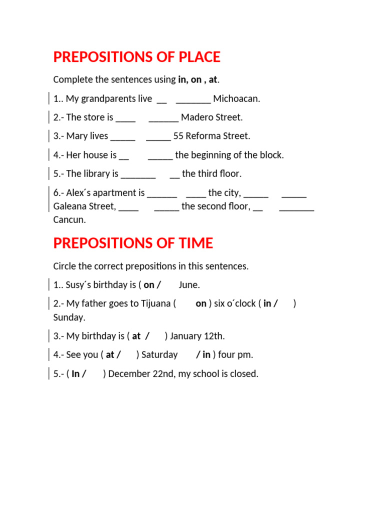 Prepositions Practice Worksheet | PDF