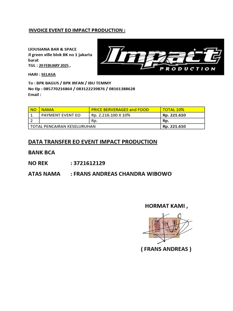Invoice for EO Event Impact Production | PDF