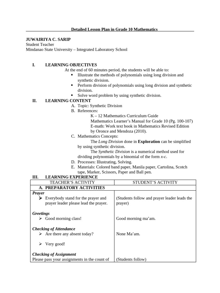 Detailed Lesson Plan Grade 10 Mathematics | PDF | Division (Mathematics ...
