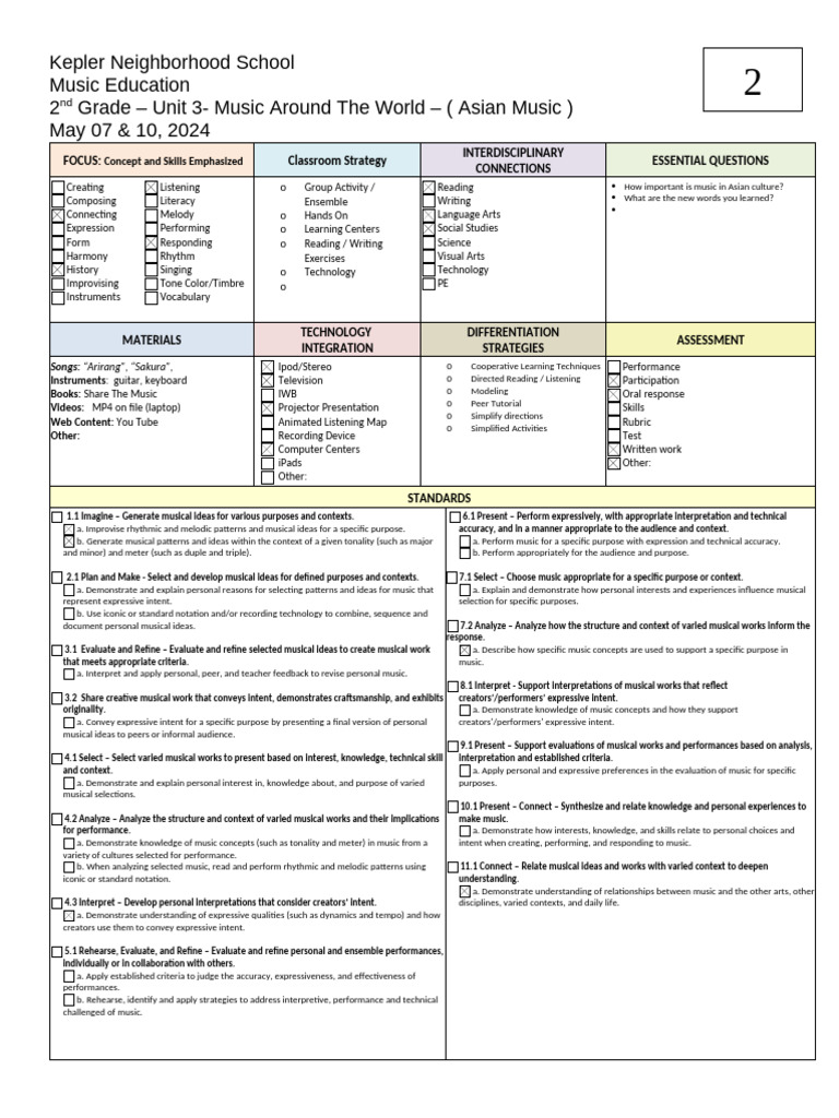 2nd Grade Lesson Plan Asian Music | PDF | Evaluation | Learning