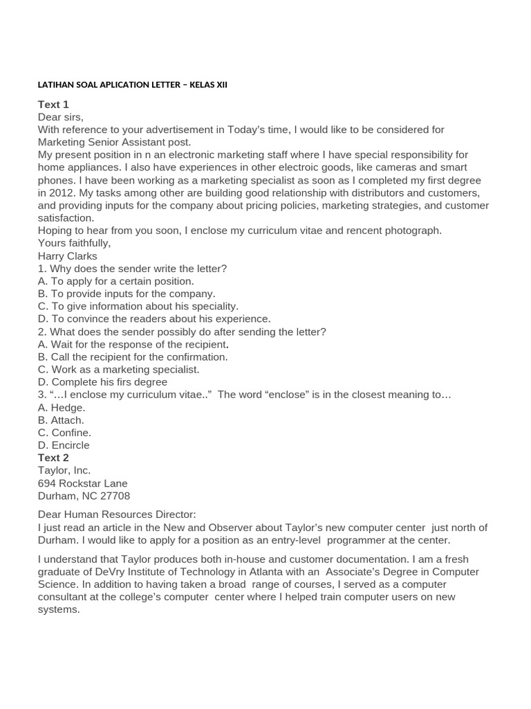 LAT.SOAL APPLICATION LETTER KLS XII | PDF