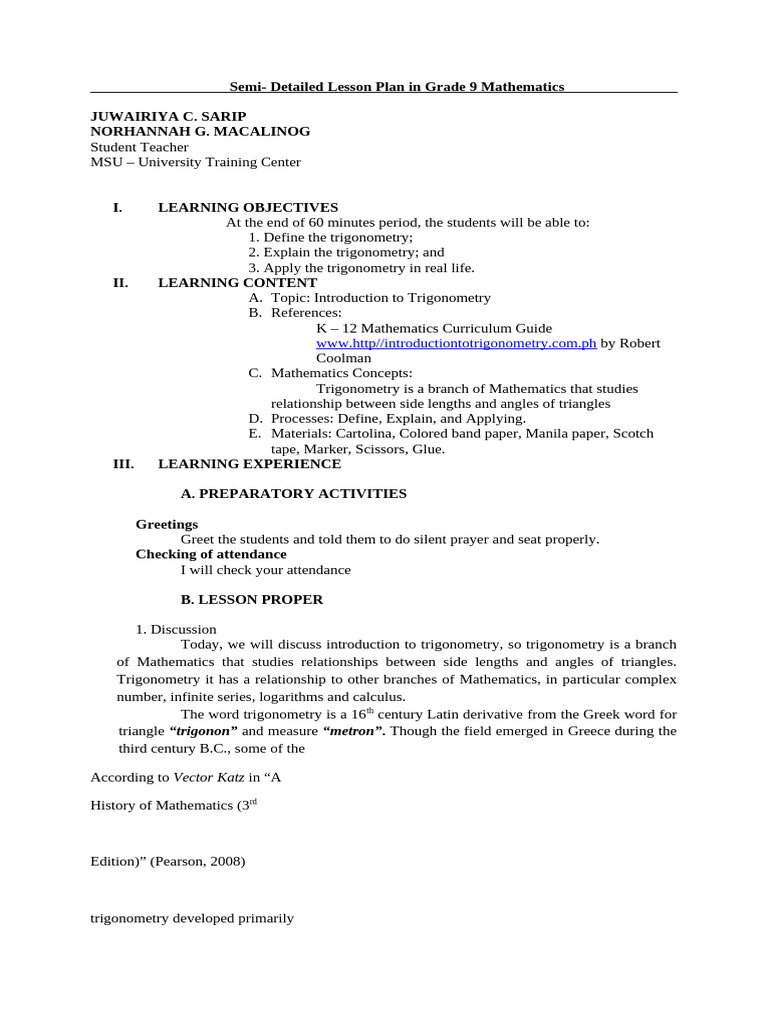 Grade 9 Trigonometry Lesson Plan | PDF | Trigonometry | Mathematics