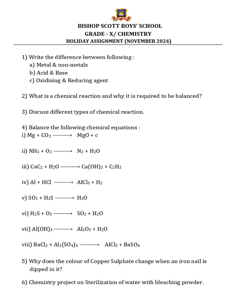 Class 10 Chemistry HHW | PDF