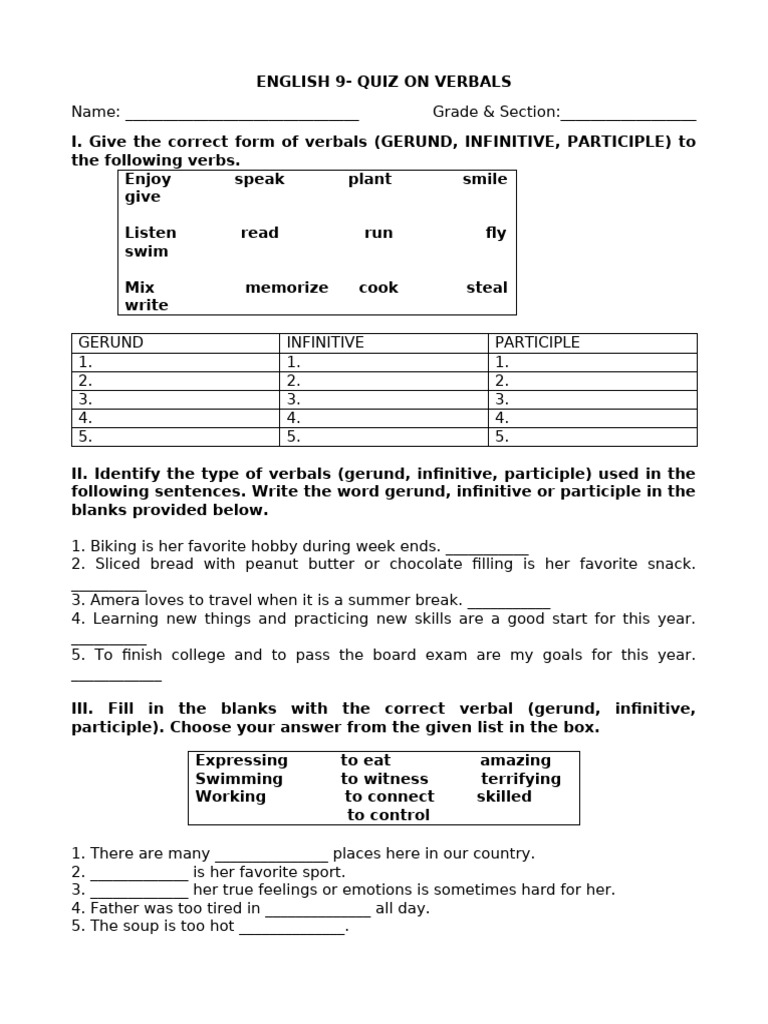 English 9 Quiz on Verbals | PDF