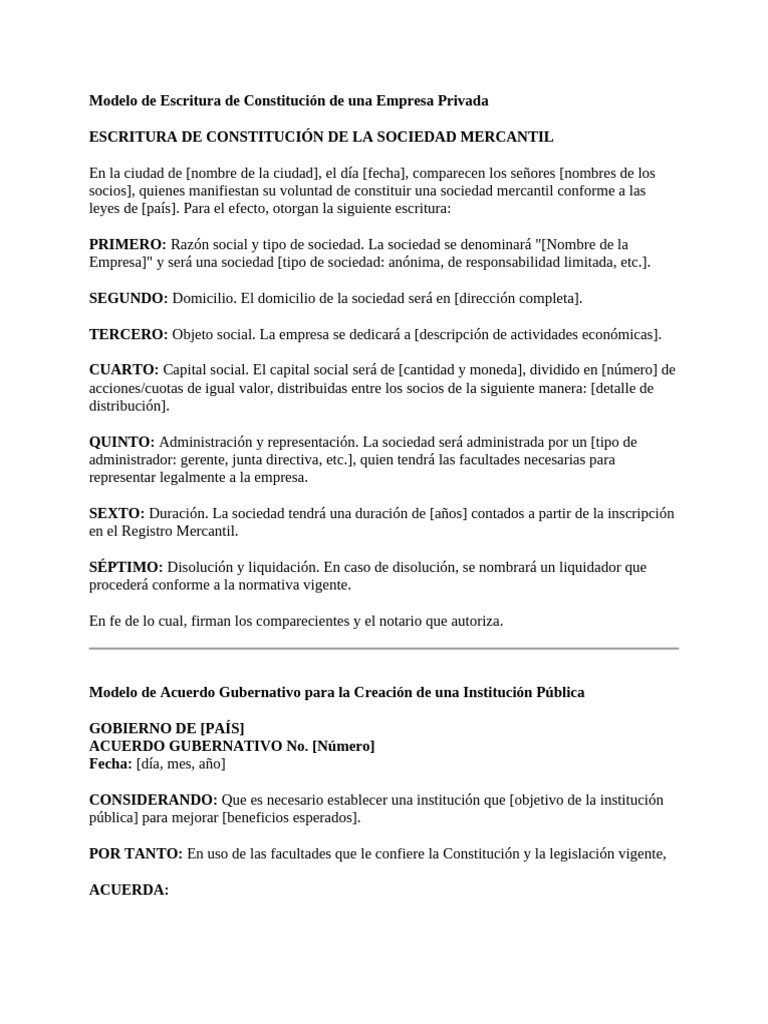 Modelo de Escritura de Constitución de Una Empresa Privada | PDF | Sociedad de responsabilidad ...