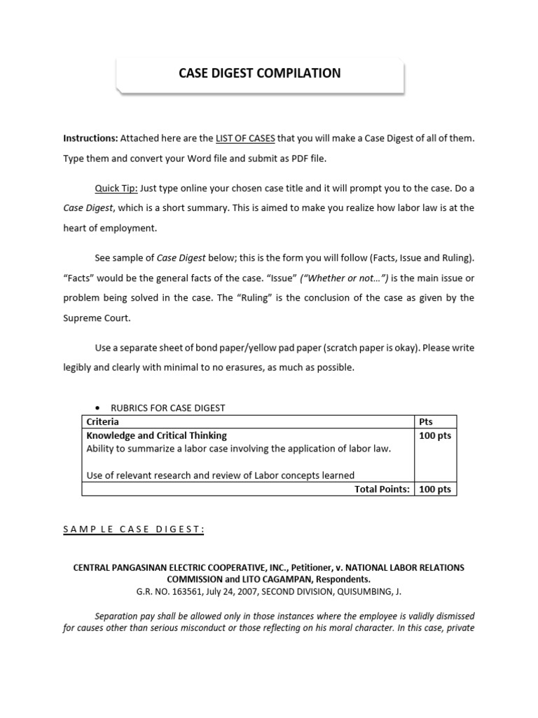 Case Digest Compilation Output Updated 021324 | PDF | Employment ...