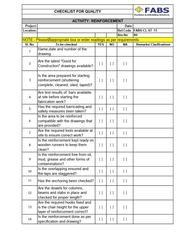Fabs Reinforcement Checklist | PDF