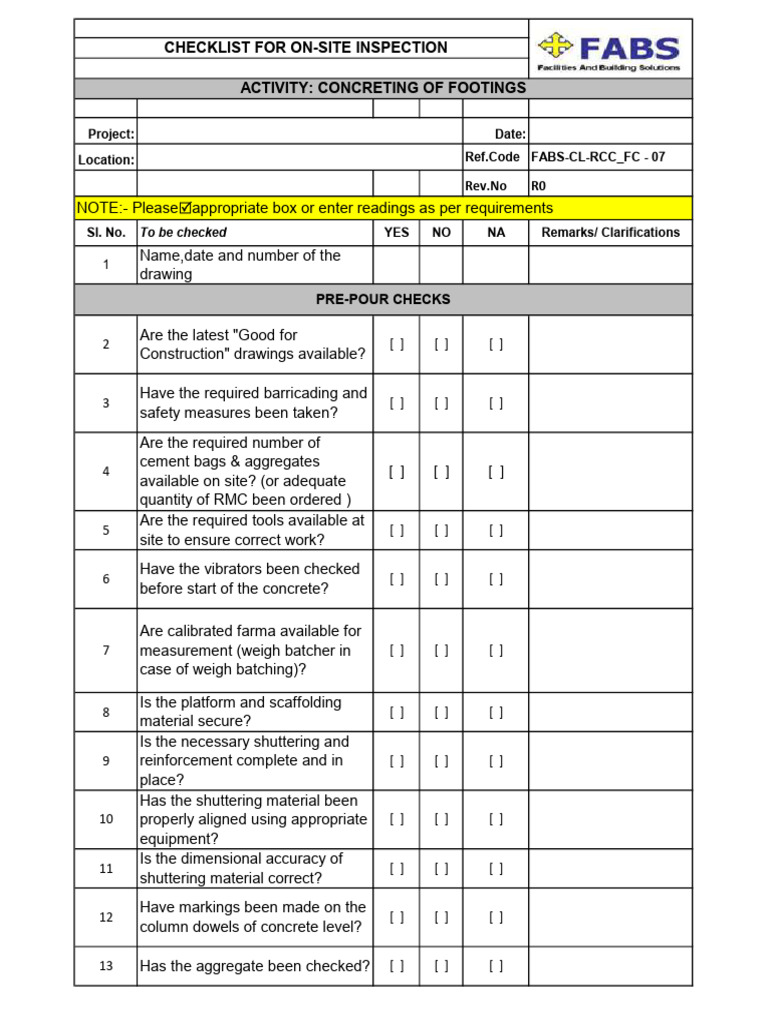 241226 FABS CONCRETING OF FOOTINGS CHECKLIST | PDF | Concrete ...