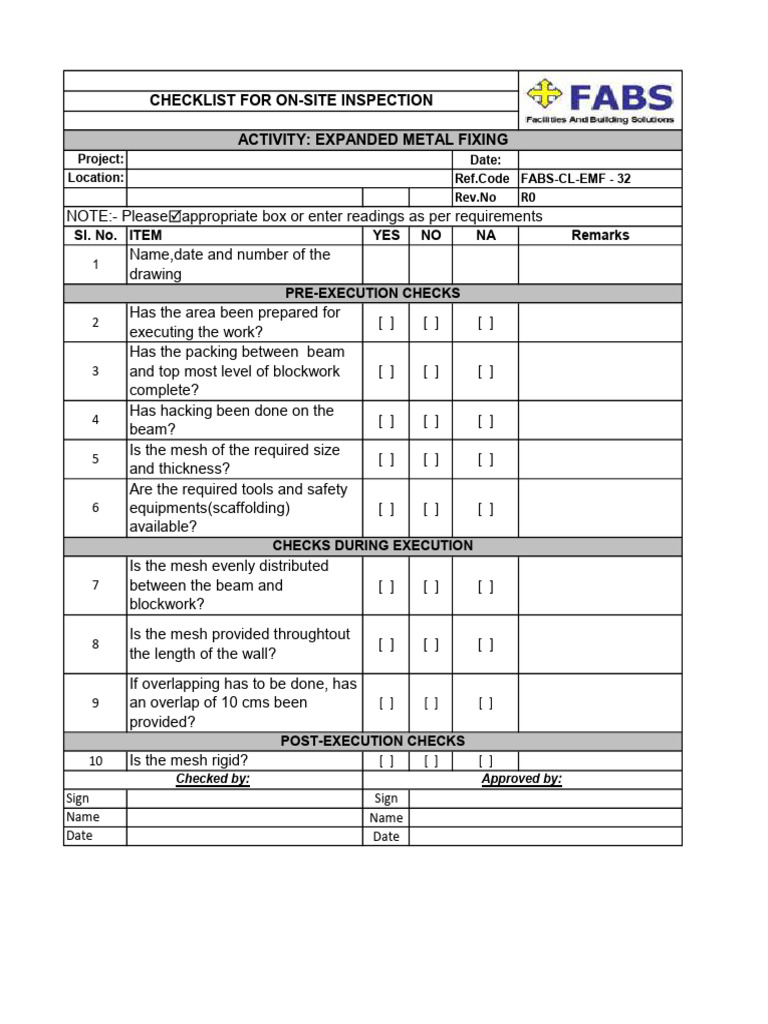 Fabs Expanded Metal Fixing Checklist | PDF