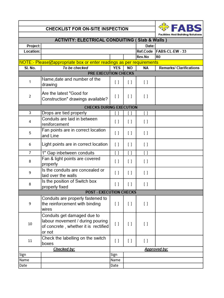 FABS ELECTRICAL CONDUITING (Slab & Walls) CHECKLIST | PDF | Building ...