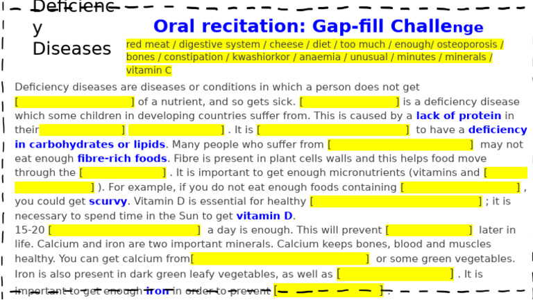 Stage 8-Topic 7.1 Deficiency Disease Gapfill Exercise | PDF