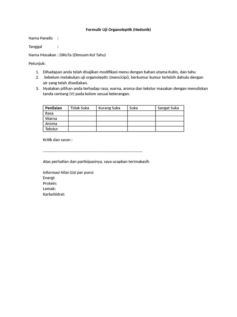 Formulir Uji Organoleptik | PDF