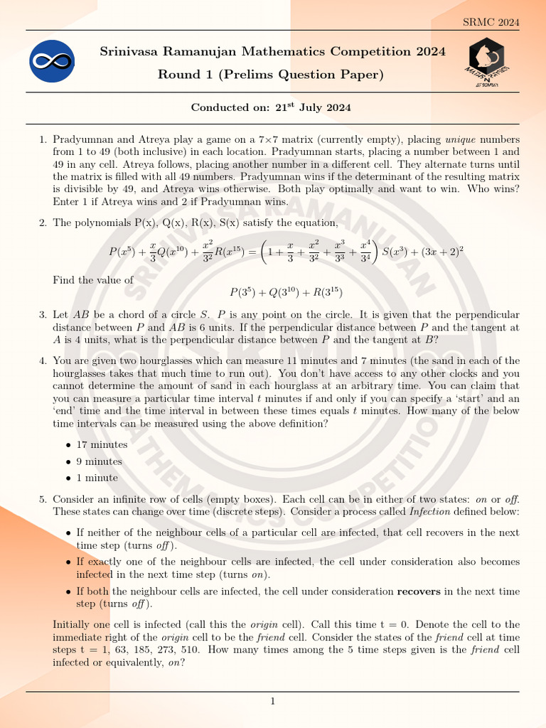 SRMC2024 Round1 (Prelims) Question Paper | PDF | Eigenvalues And Eigenvectors | Interval ...