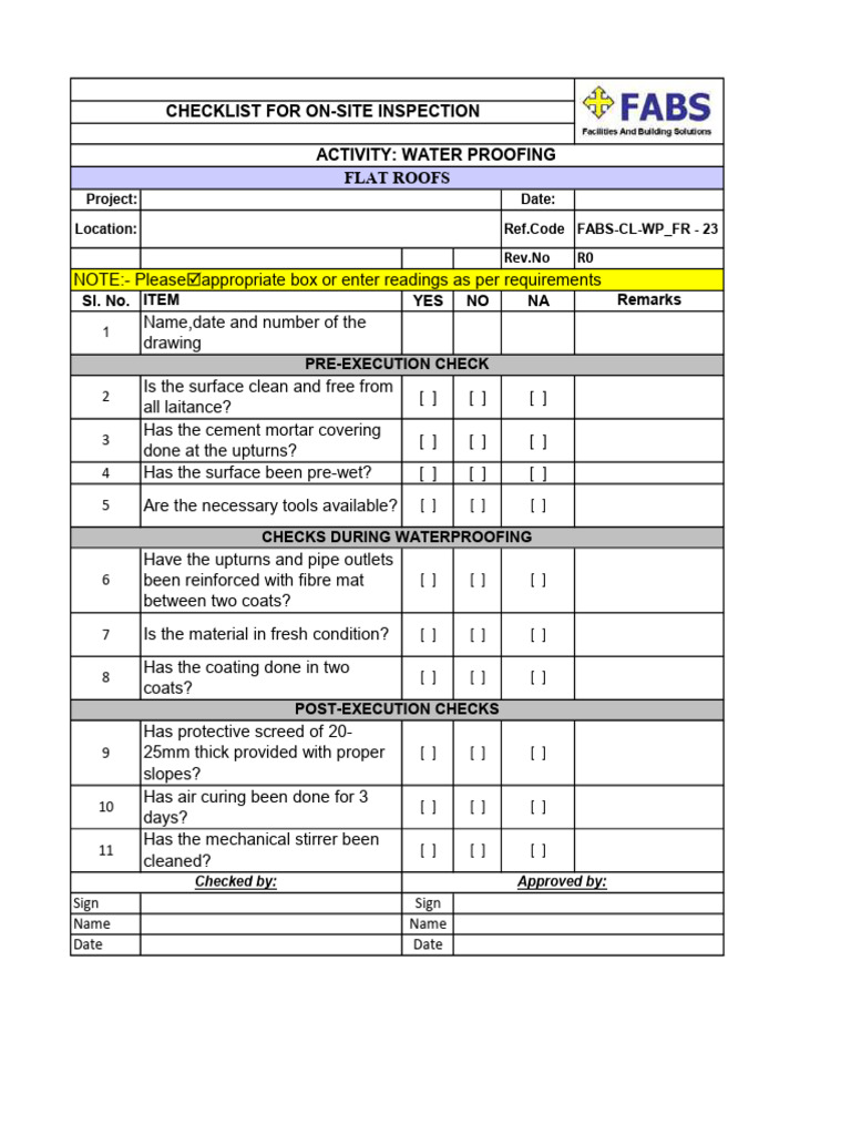Fabs Flat Roof Waterproofing Checklist | PDF