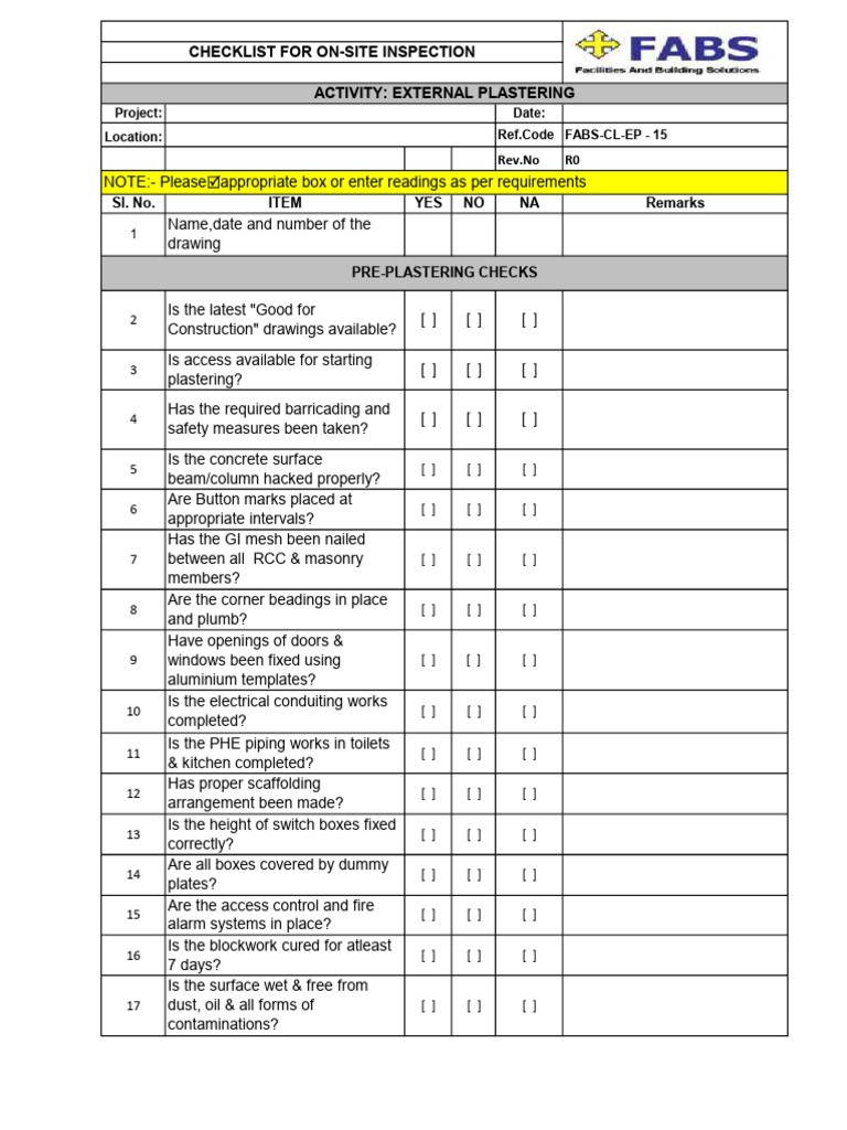 Fabs External Plastering Checklist | PDF | Structural Engineering ...