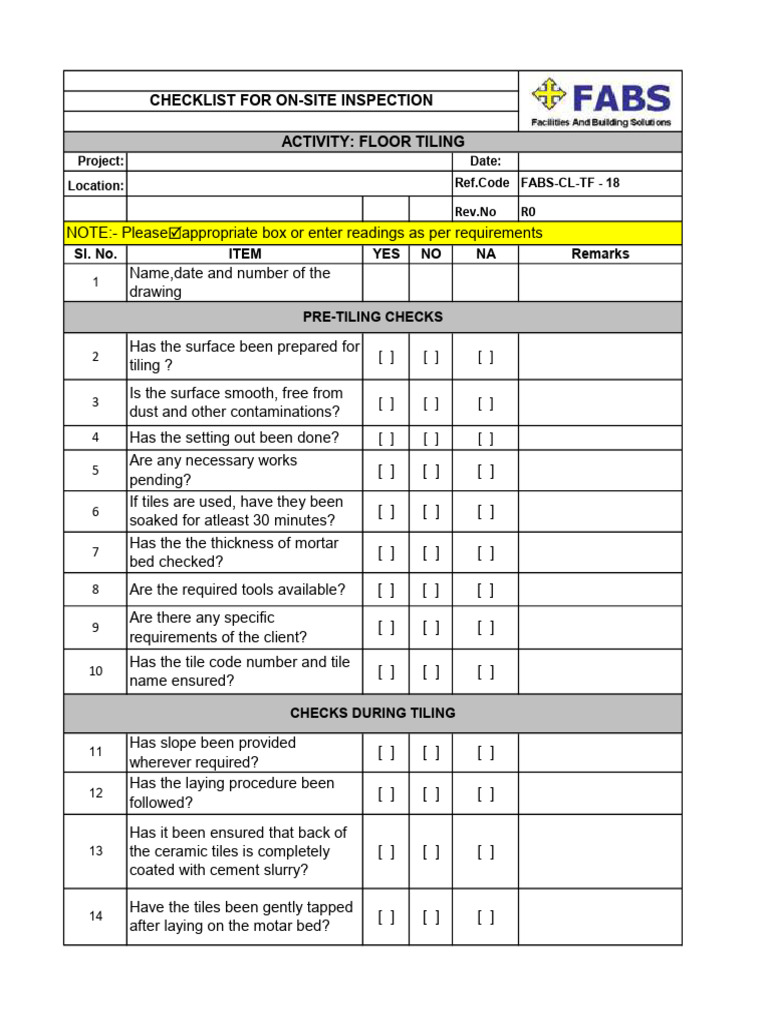 Fabs Floor Tiling Checklist | PDF | Tile | Structural Engineering
