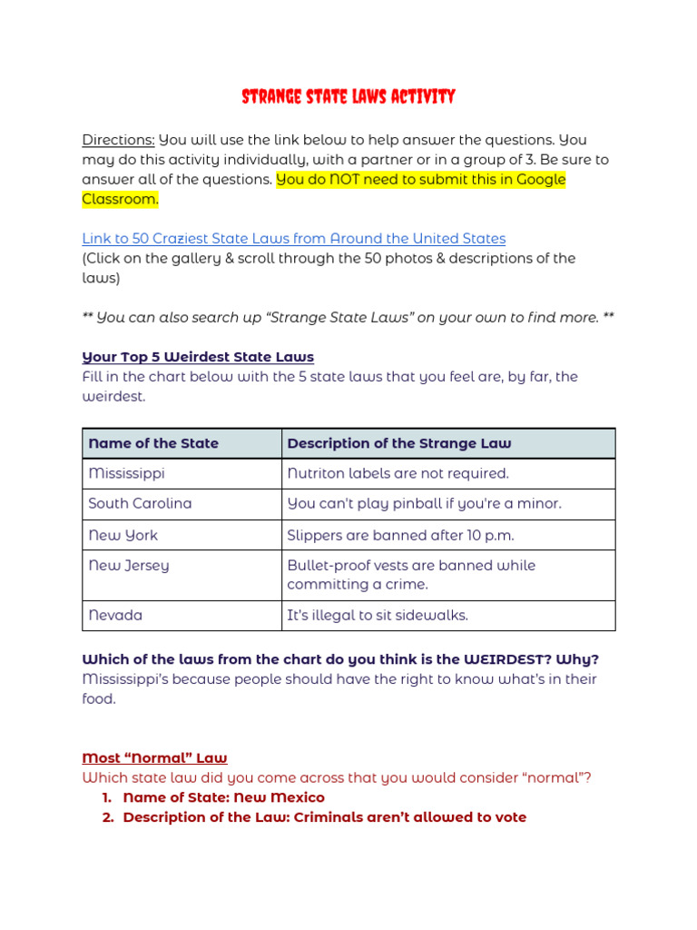 Strange State Laws Activity | PDF
