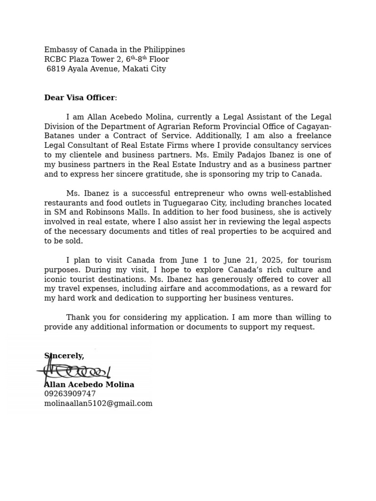 Canada Visa Sponsorship Letter | PDF