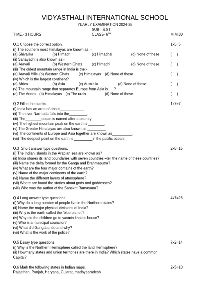 SST 6th Class Yearly Examination Paper | PDF | Asia | Earth Sciences