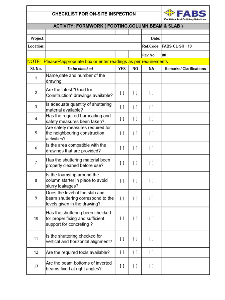 Fabs Formwork (Footing, Column, Beam & Slab) Checklist | PDF ...