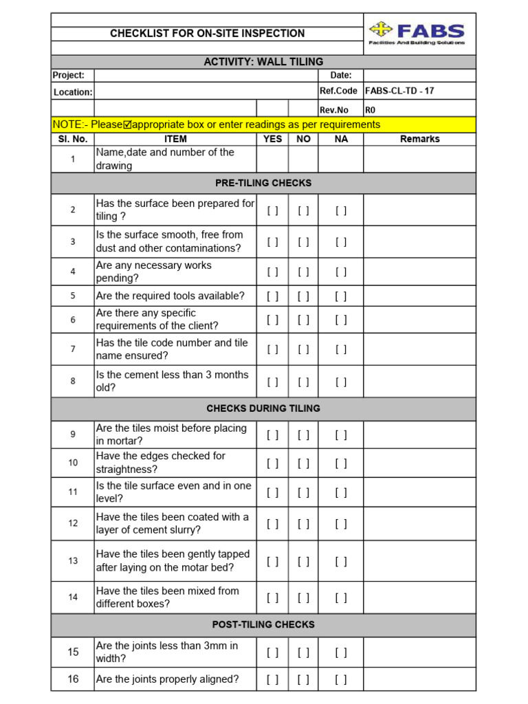 241226 FABS WALL TILING CHECKLIST | PDF | Building Materials | Building ...