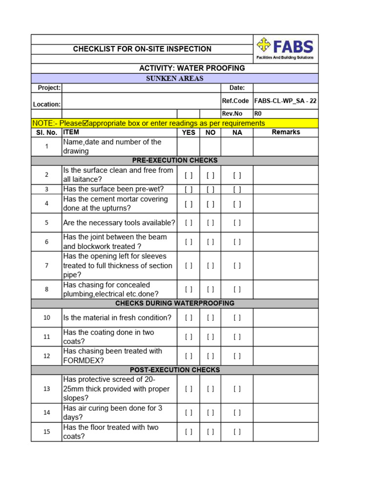 Fabs Water Proofing Checklist | PDF | Structural Engineering | Building
