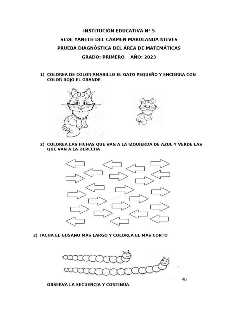 Prueba Diagnostica de Matematicas Grado Primero | PDF