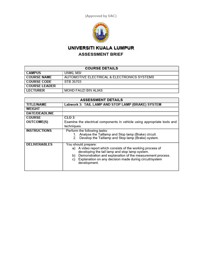 Labwork 3 Tail Lamp and Stop Lamp (Brake) System | PDF