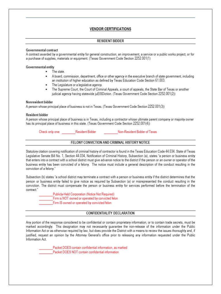 Texas Vendor Certification Requirements | PDF | Indemnity | Criminal Record
