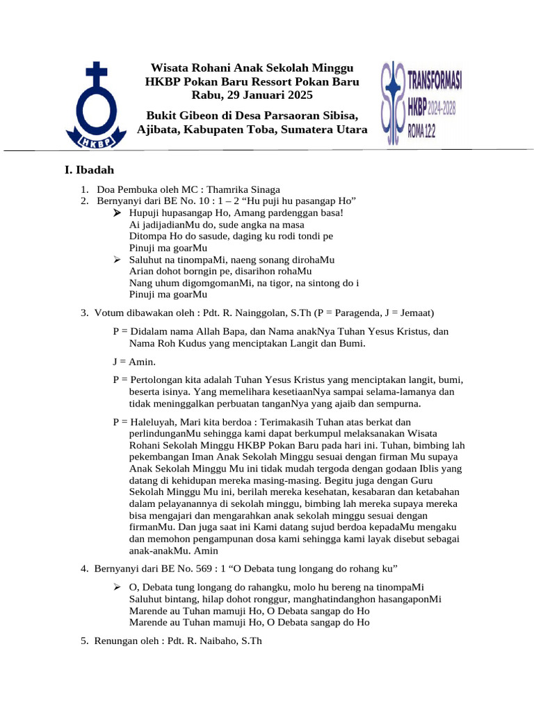 Acara Wisata Rohani Sekolah Minggu HKBP Pokan Baru | PDF