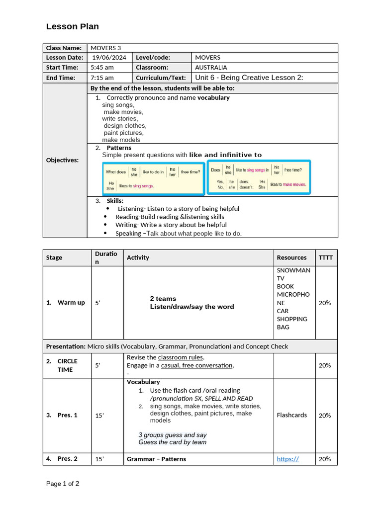 LP MOVERS 6 Being Creative Lesson 1 The Arts | PDF | Vocabulary ...