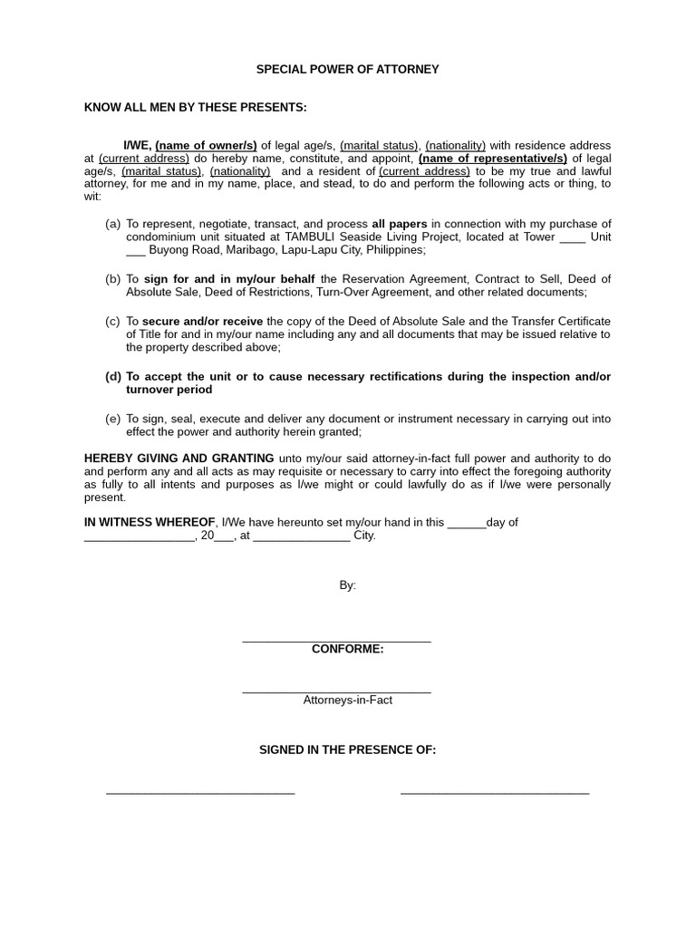 SPA FORMAT | PDF | Power Of Attorney | Deed