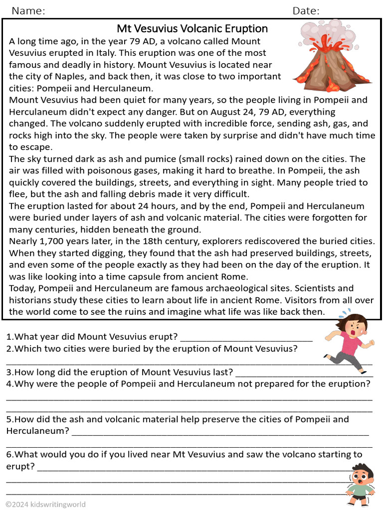 Grade 5 Reading Comprehension MT Vesuvius Volcanic Eruption | PDF ...