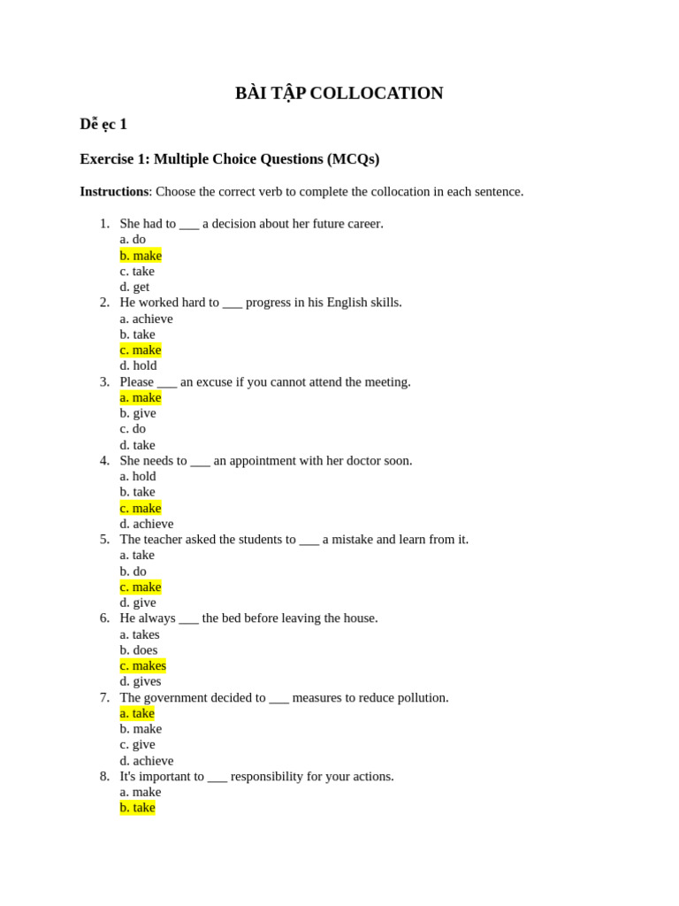 Collocation Exercises for English Learners | PDF | Multiple Choice