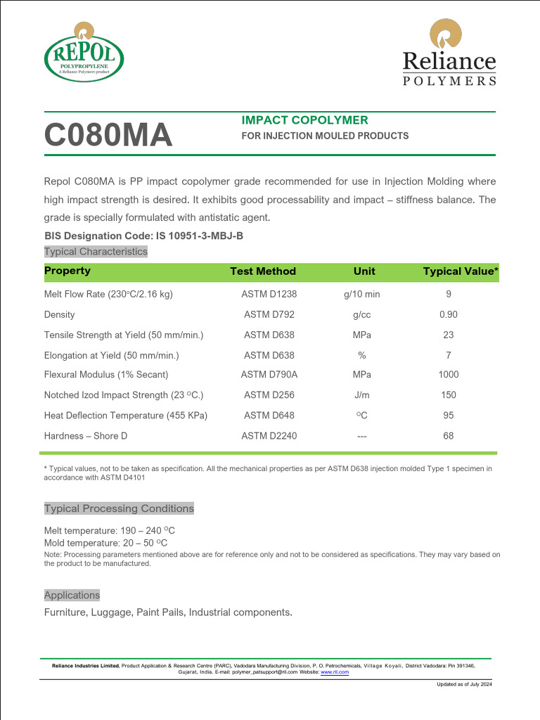 C080MA Impact Copolymer Data Sheet | PDF | Yield (Engineering ...