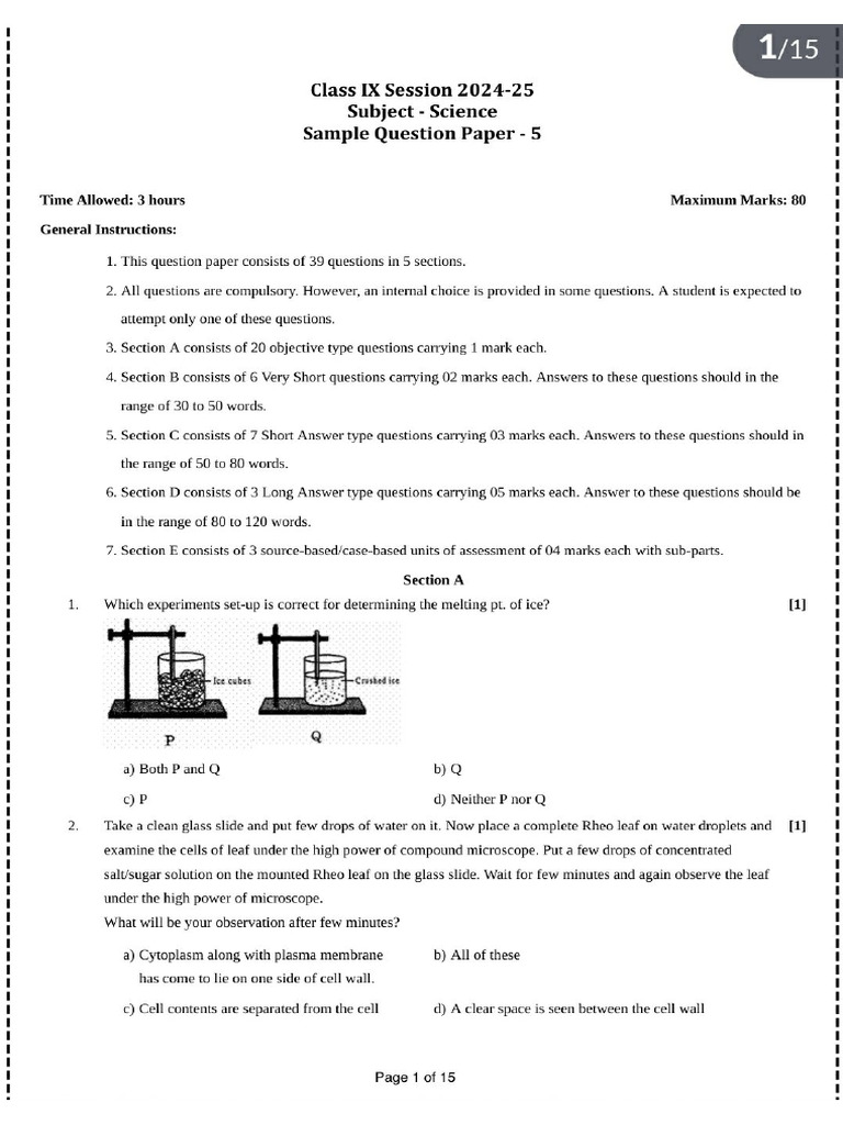 Class 9 Science Sample Paper | PDF