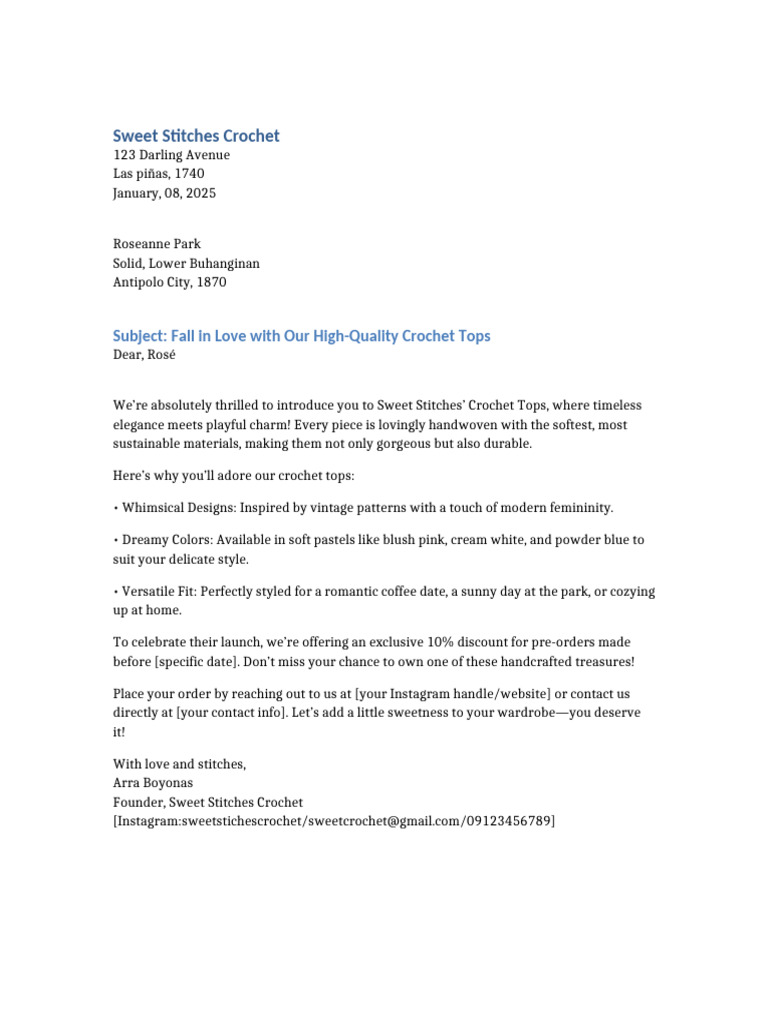 Sweet Stitches Business Letter | PDF