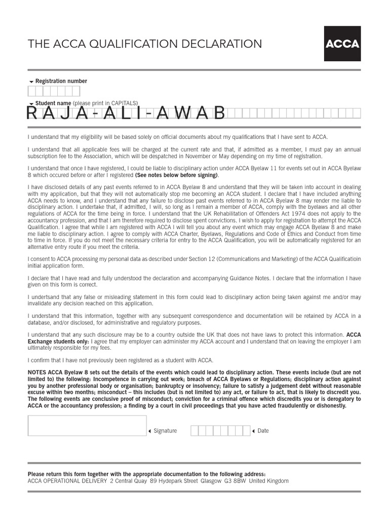 ACCA Qualification Registration Declaration | PDF | By Law | Justice
