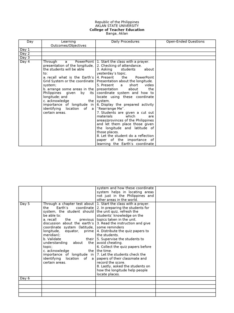 Learning Plan Grade 7 4th Quarter TTL 2 | PDF | Longitude | Latitude